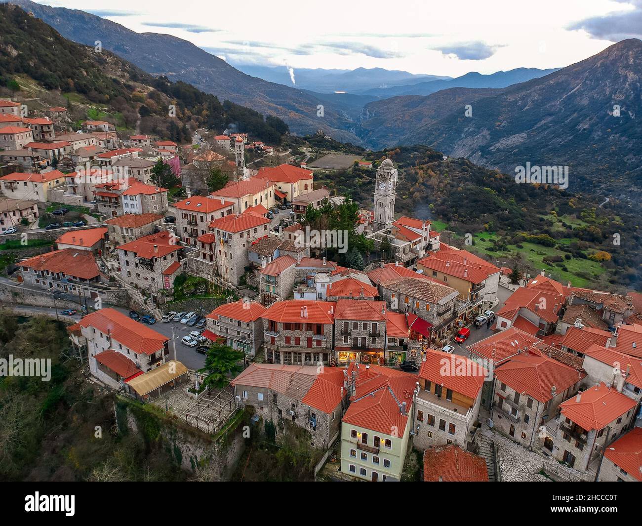 Aerial view over the beautiful historical village Dimitsana during ...