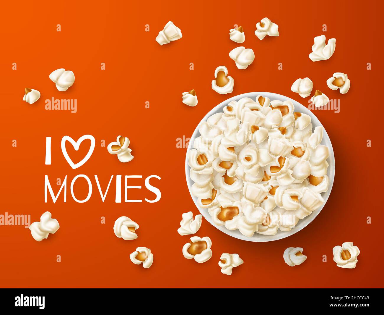 Popcorn top view. Realistic round cardboard bucket with cinema snacks ...