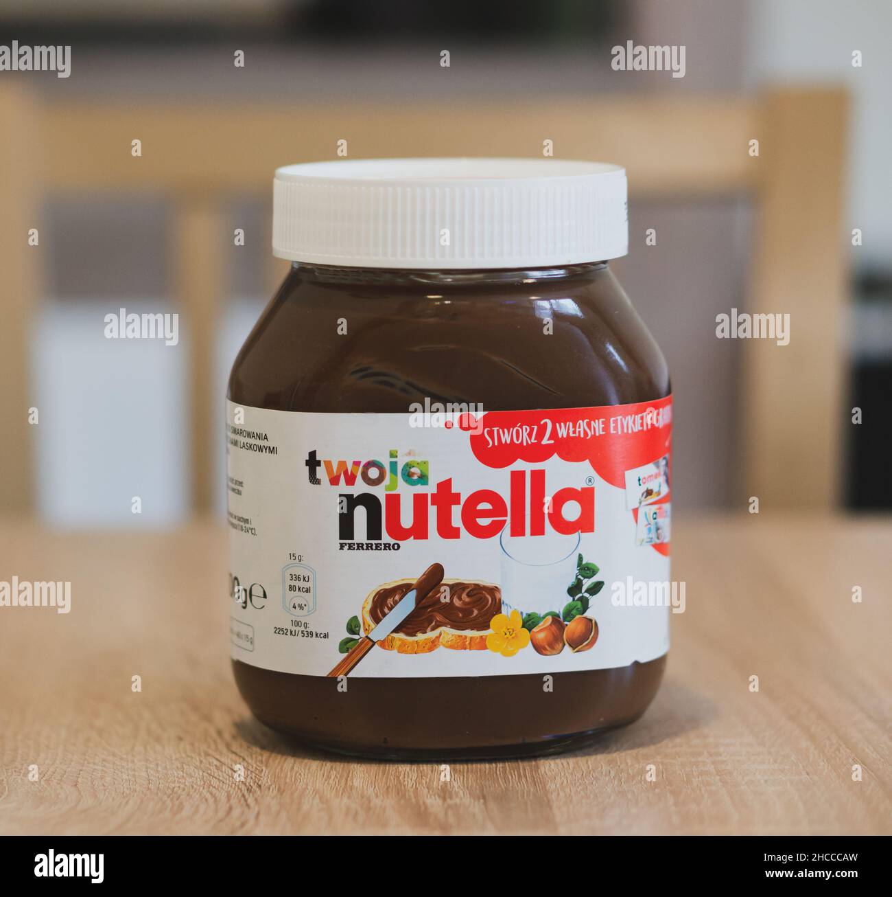 Vertical shot of a Polish Ferrero Nutella hazelnut and chocolate paste ...