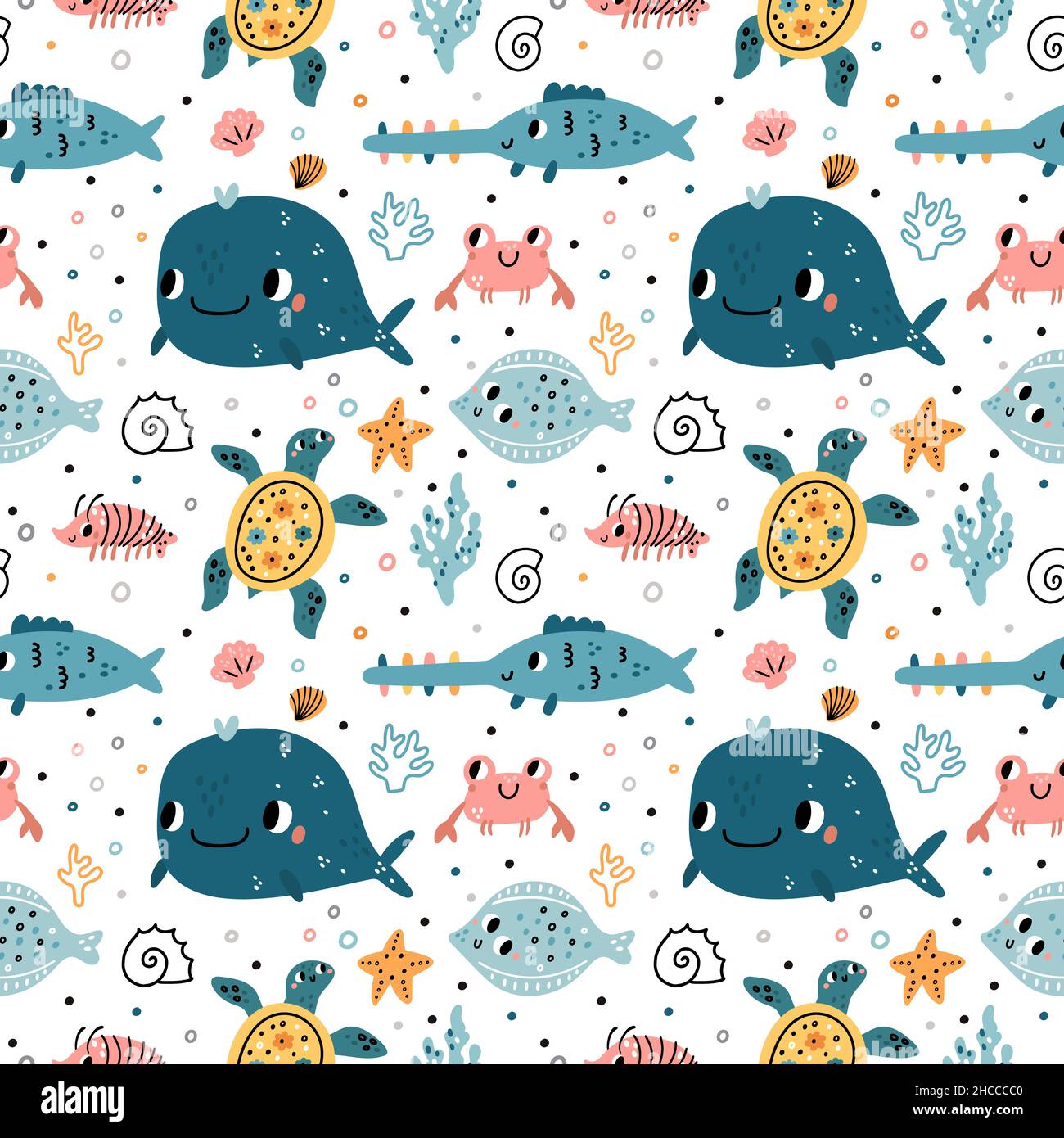 Seamless pattern cute underwater life. Funny cartoon ocean characters ...