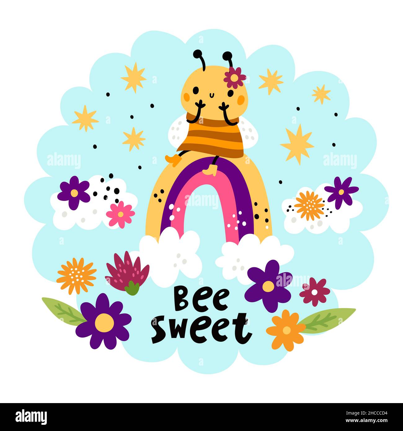 Cute bee poster. Little honey bumblebee character on rainbow, flowers ...