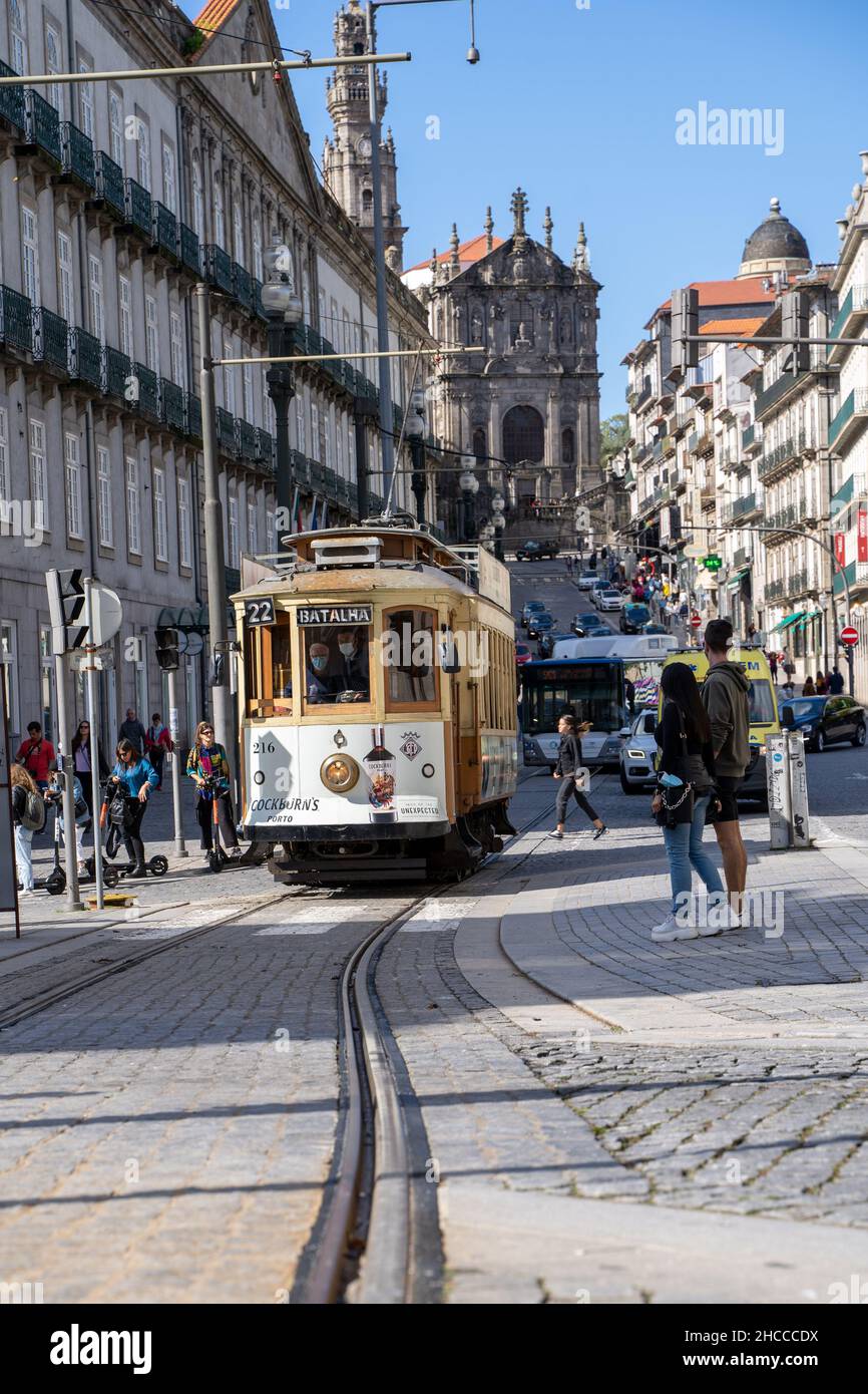 Vertical shot of the street in Porto. Portugal. The city Centre Tram in ...