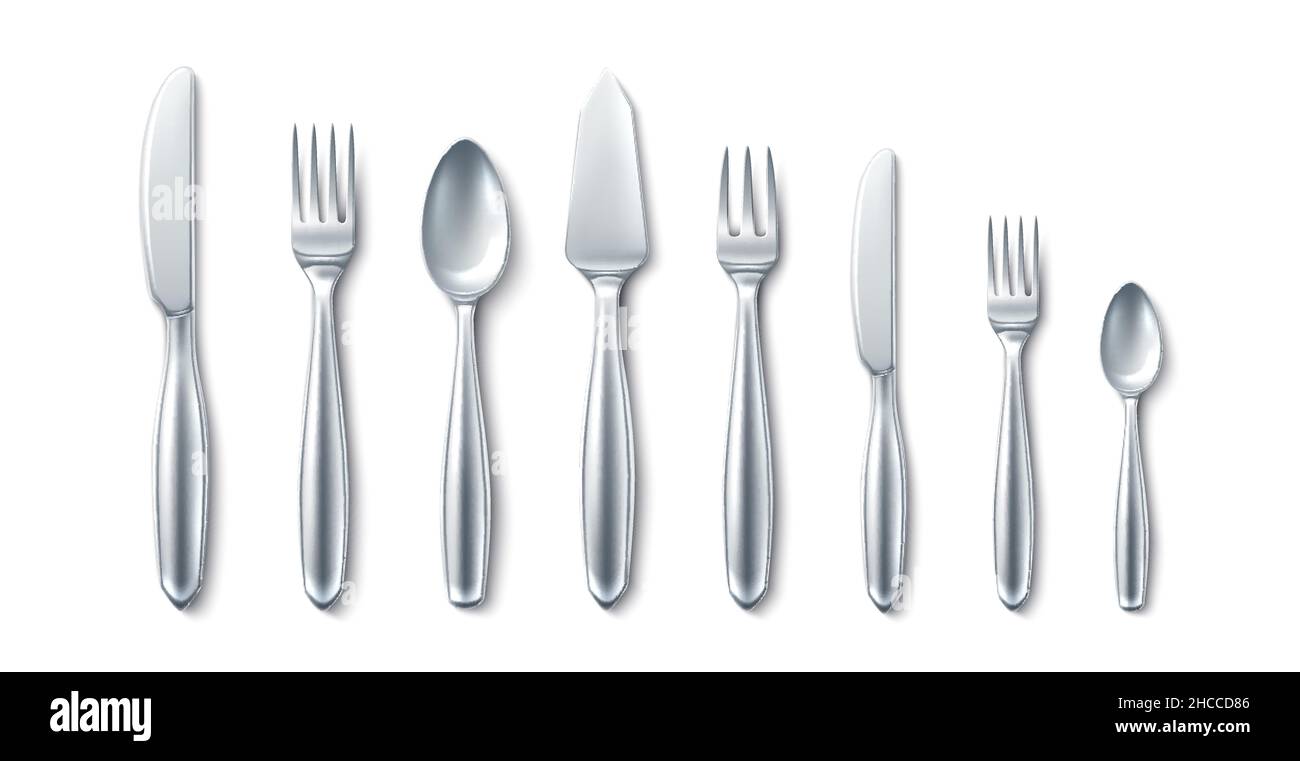 Realistic cutlery. 3d table silverware, metal spoons, forks and knives ...