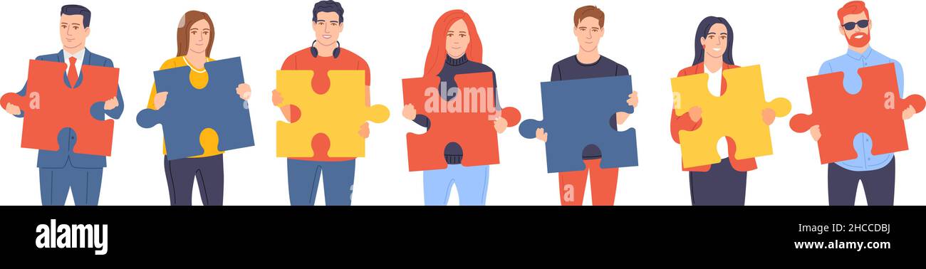 People hold puzzle. Office employees group, front view team with big ...