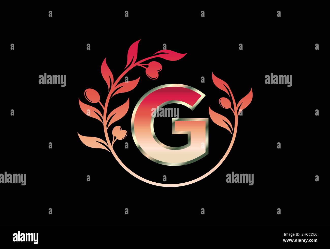 Initial letter G sign symbol with olive branch wreath, Round floral ...