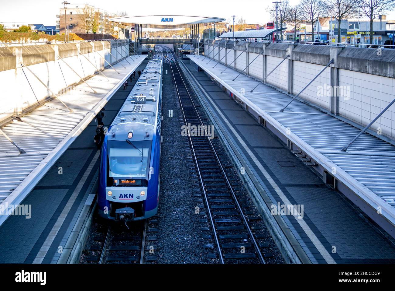 AKN Alstom LINT 54 train at Ulzburg station. AKN operates railway lines ...