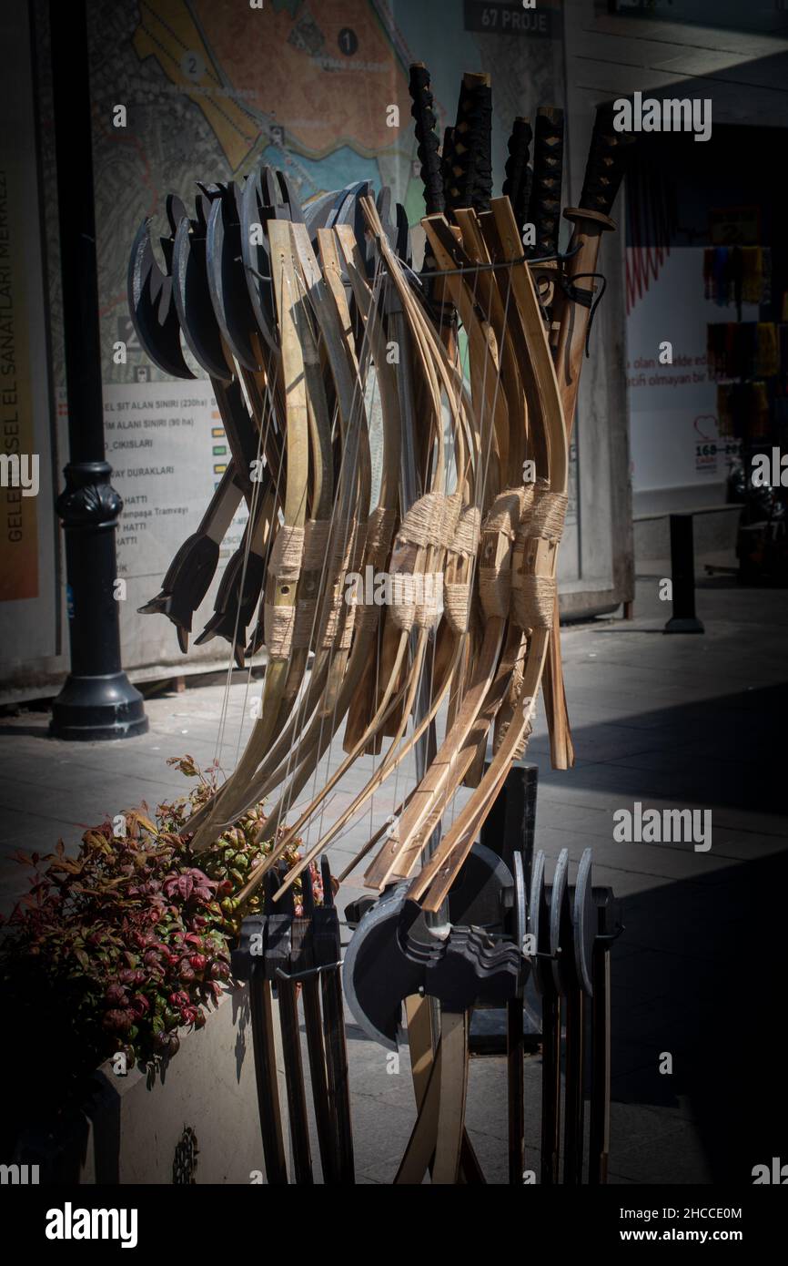 Vertical shot of many wooden arrows hanging in the souvenir shop Stock ...