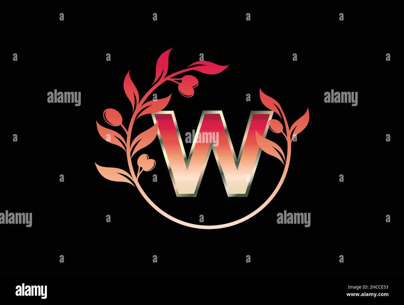 Initial letter W sign symbol with olive branch wreath, Round floral ...