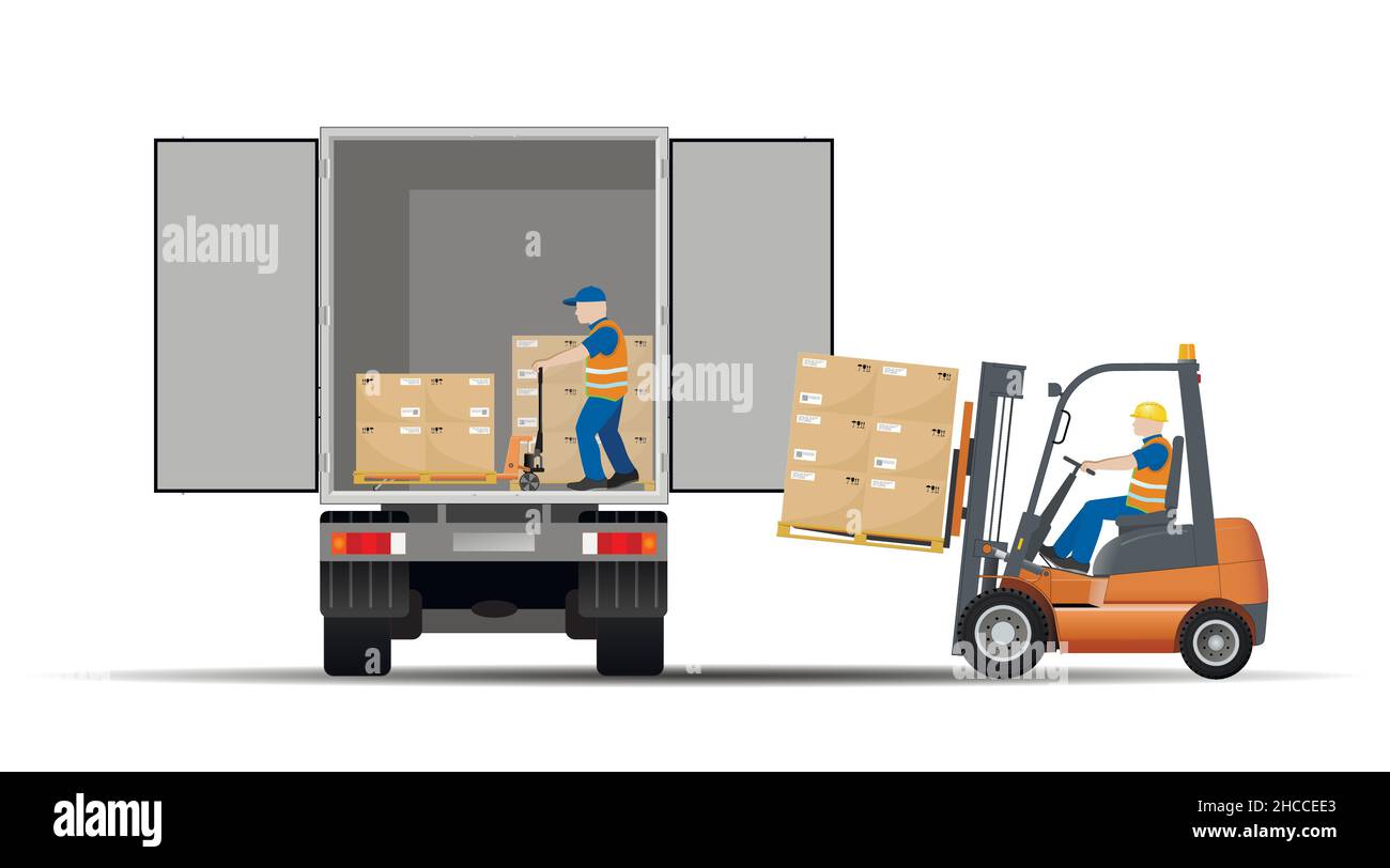 Loading a car van by means of a forklift truck and a hand pallet truck ...