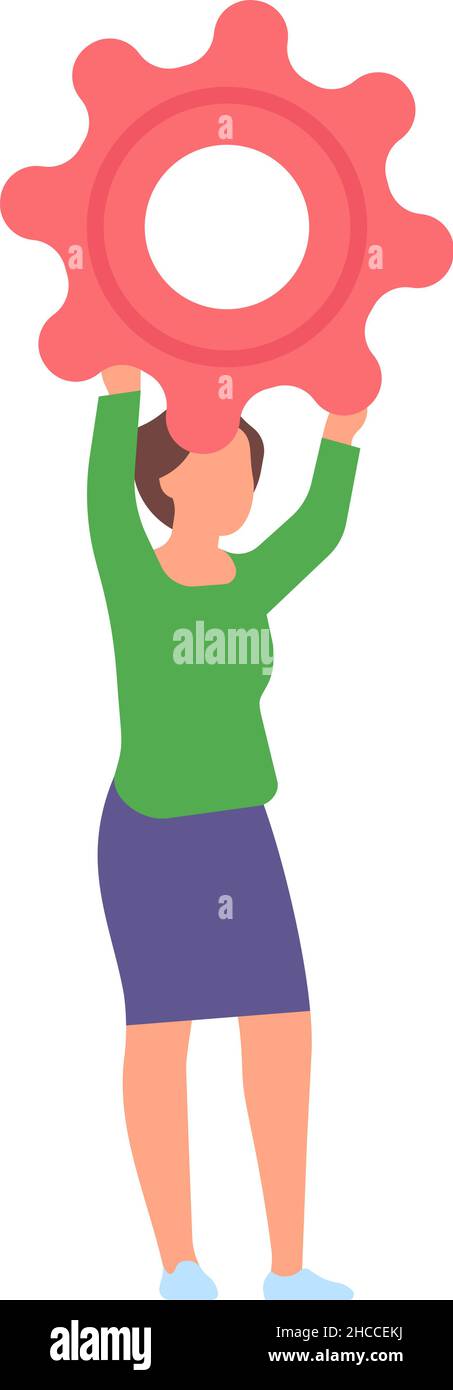 Woman holding giant gear symbol. Working process or settings icon Stock ...
