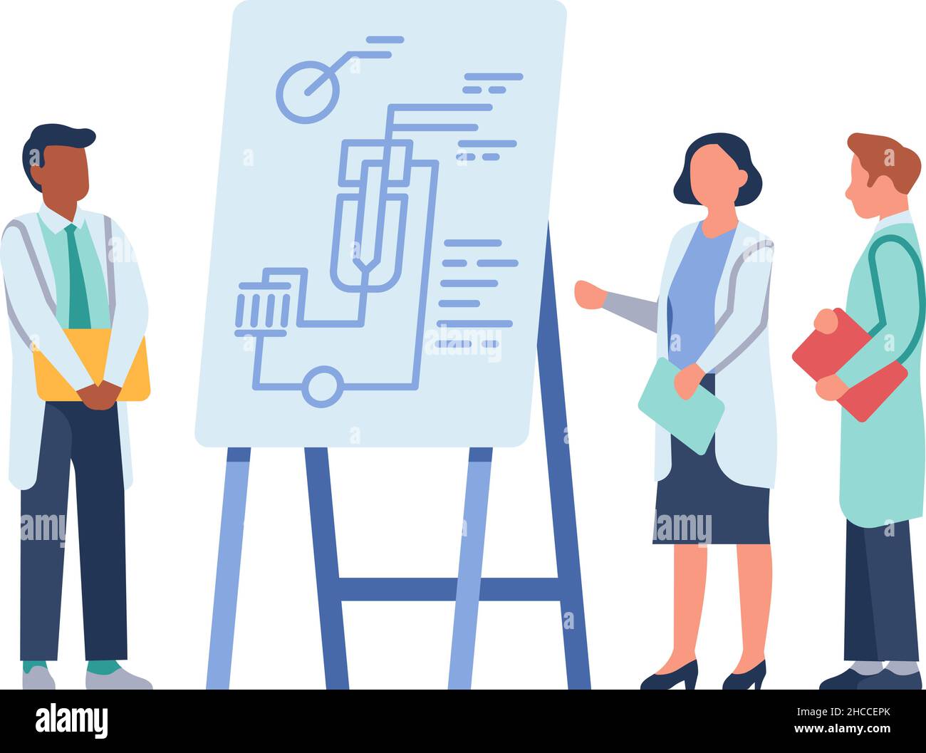 Scientists discussing blueprint. Laboratory research process concept ...