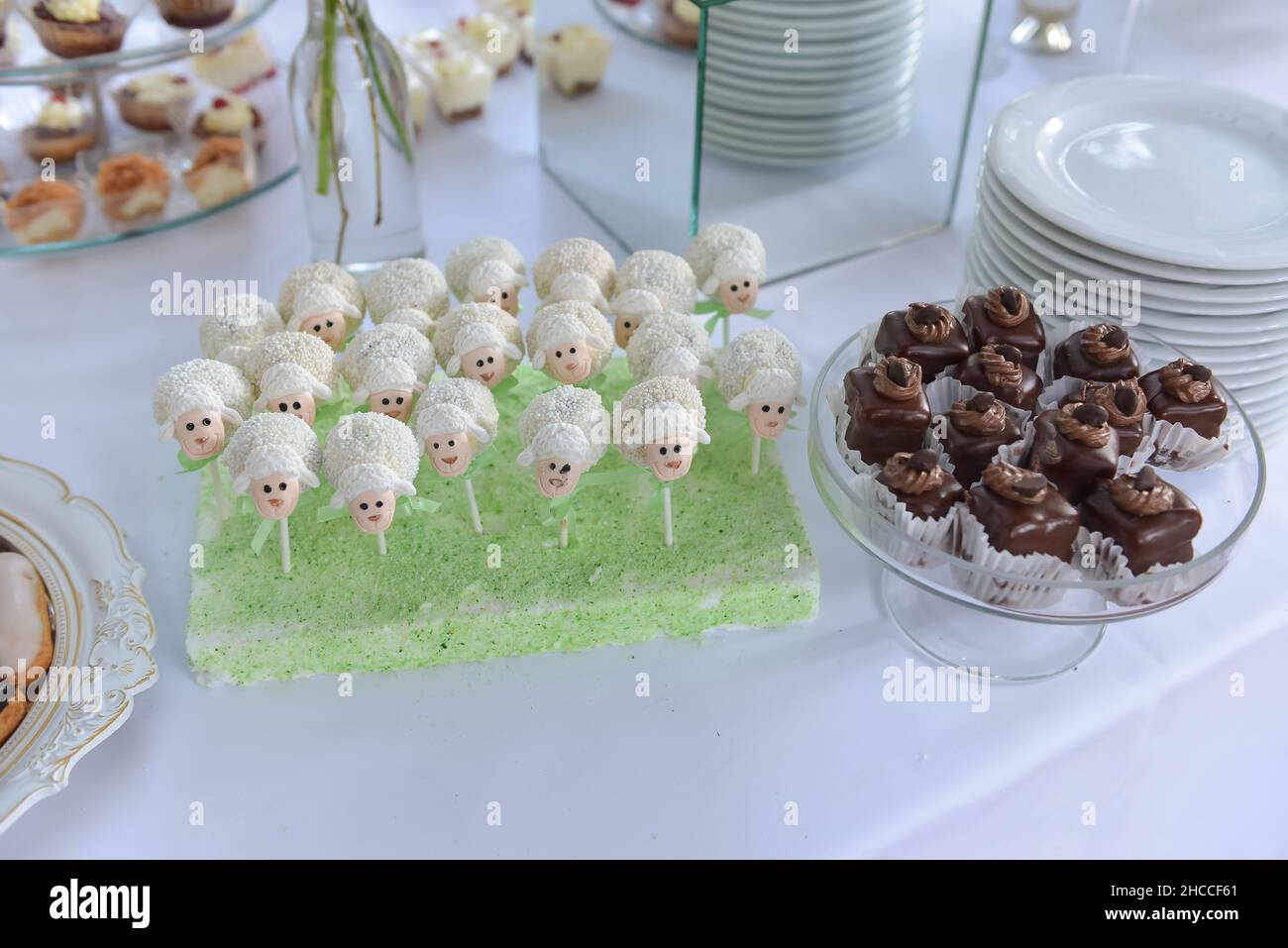 Closeup of a banquet table of beautifully decorated and sheep-shap ...