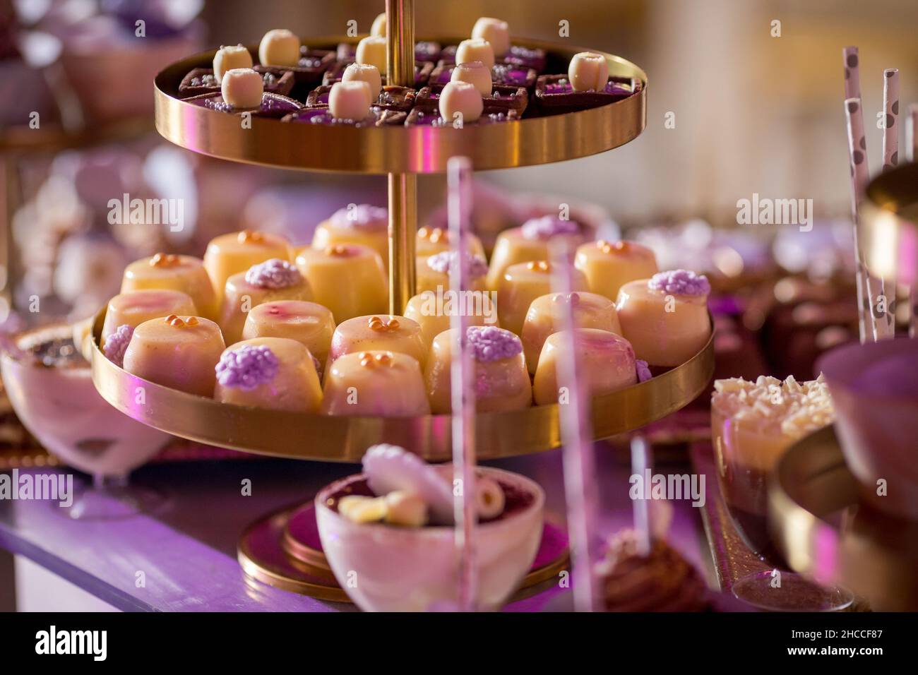 Closeup of a banquet table of beautifully decorated canapes ready for ...