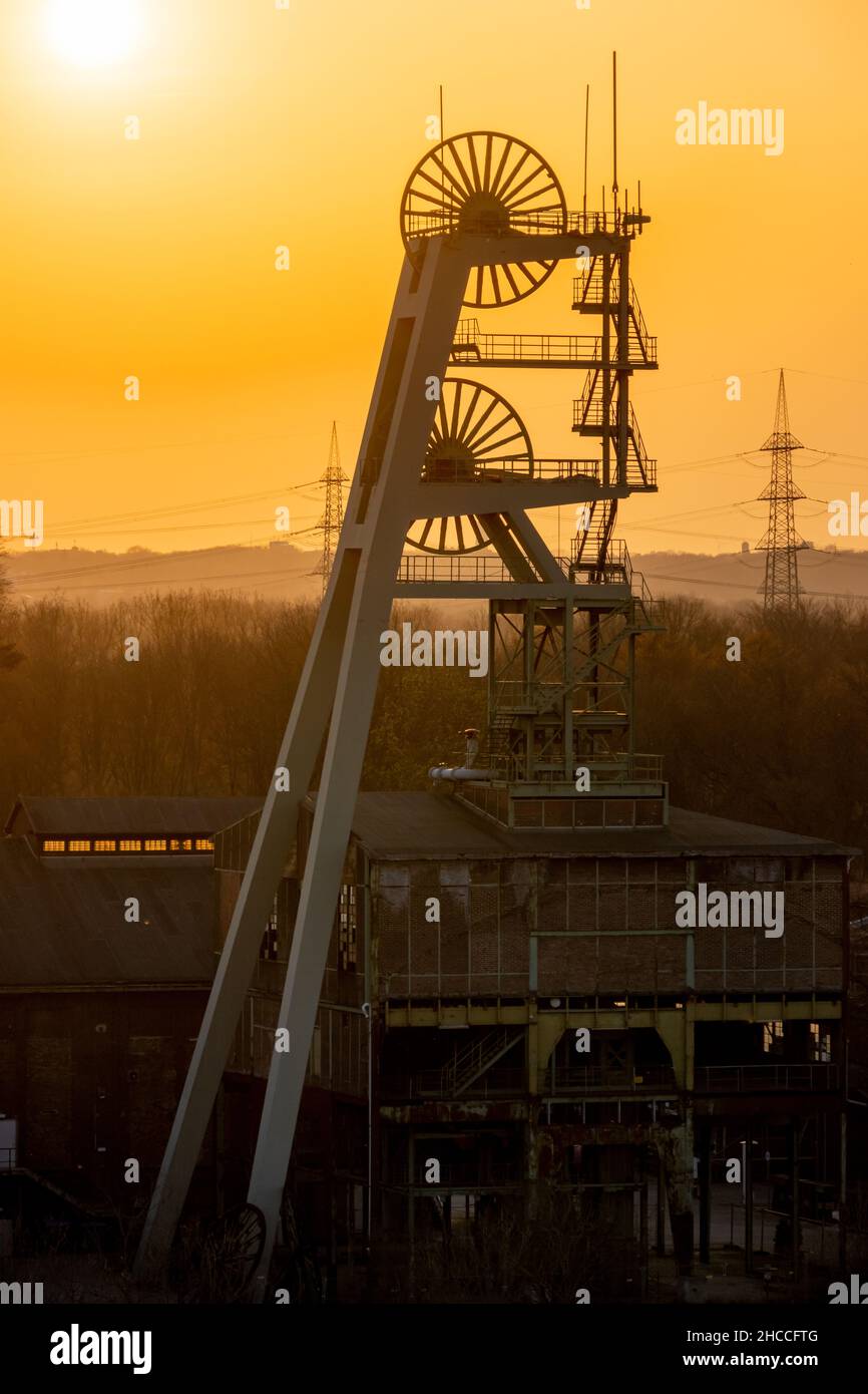 Mining Headframe in Ruhr area of NRW Germany, telephoto sunset shot ...