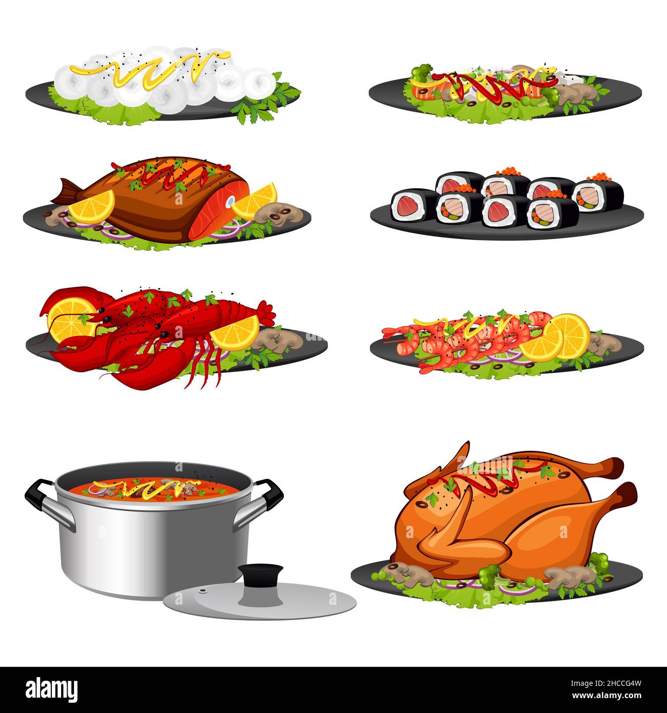 8 pcs ready meals, restaurant food on a white background - illustration ...
