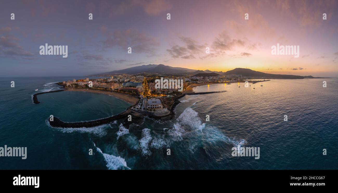 Aerial Panorama of Holiday resorts on Tenerife at Dawn, colorful dawn ...