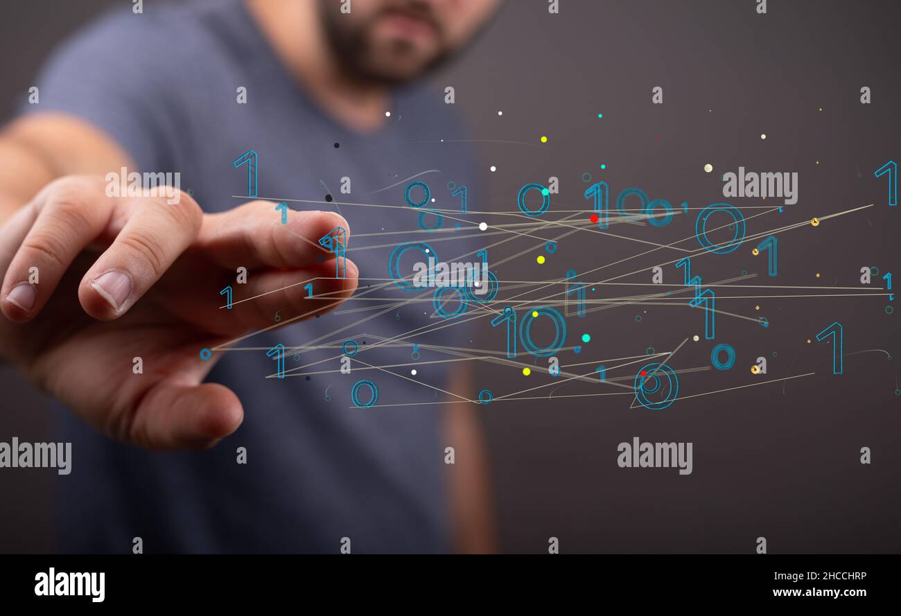 Closeup of the man's hand touching the virtual connections with binary ...