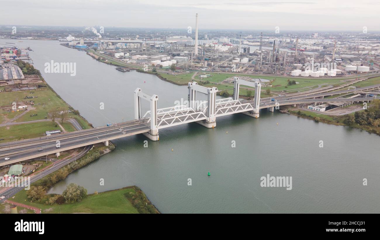 Botlekbrug aerial hyperlapse lifting bridge for road and rail traffic ...