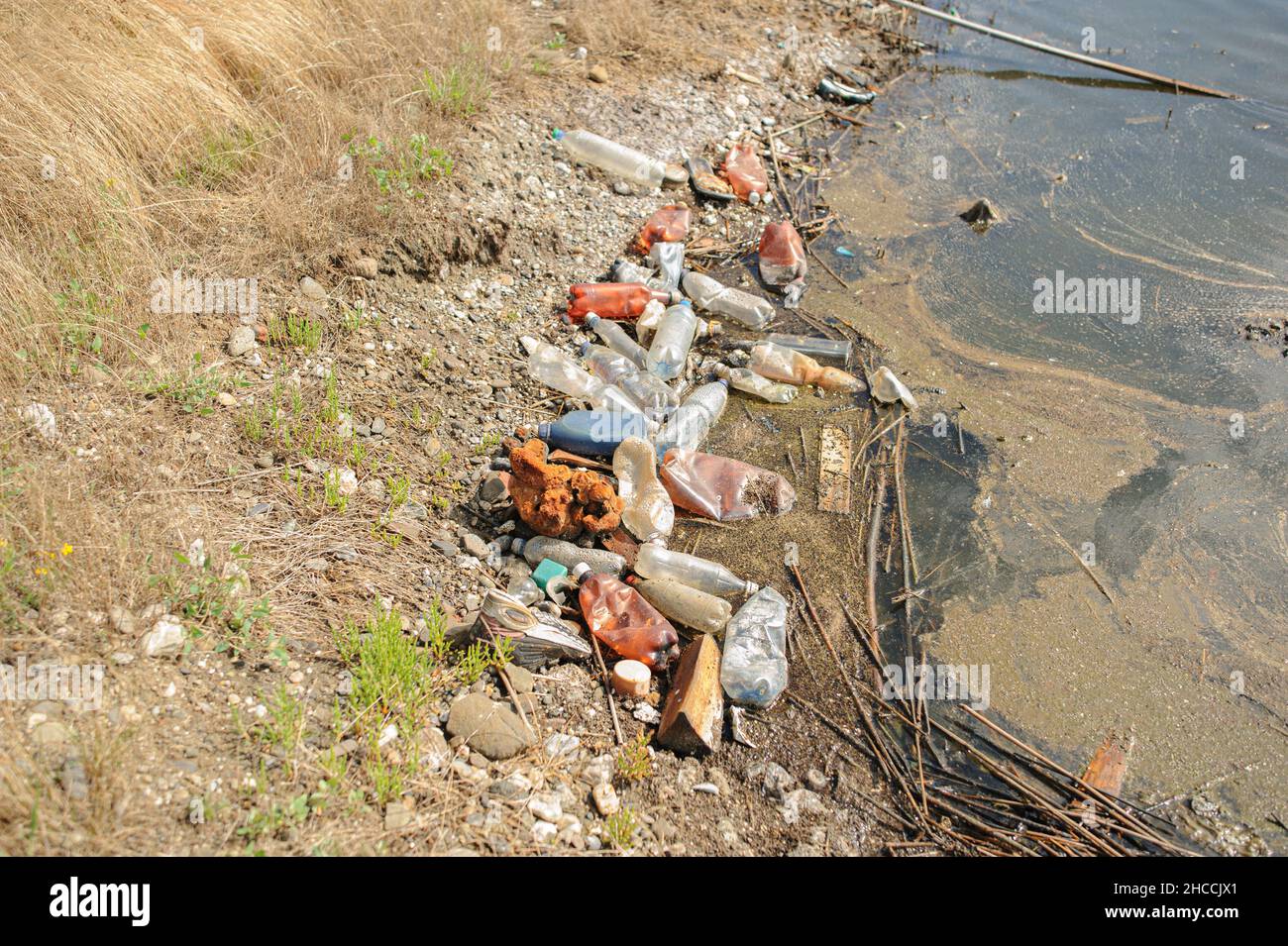 The lake and the shore are littered with the garbage Stock Photo - Alamy