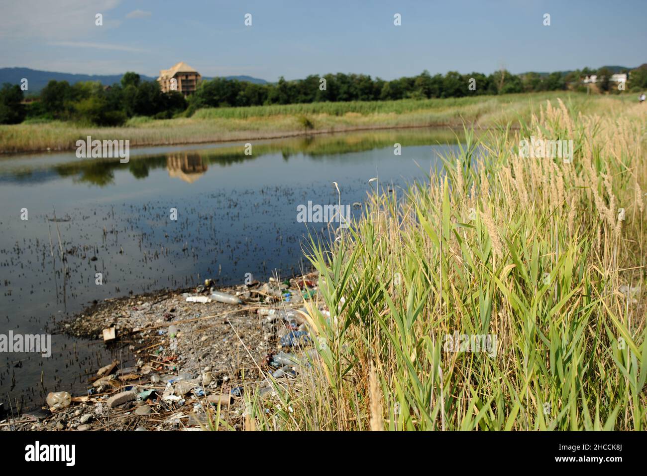 The lake and the shore are littered with the garbage Stock Photo - Alamy