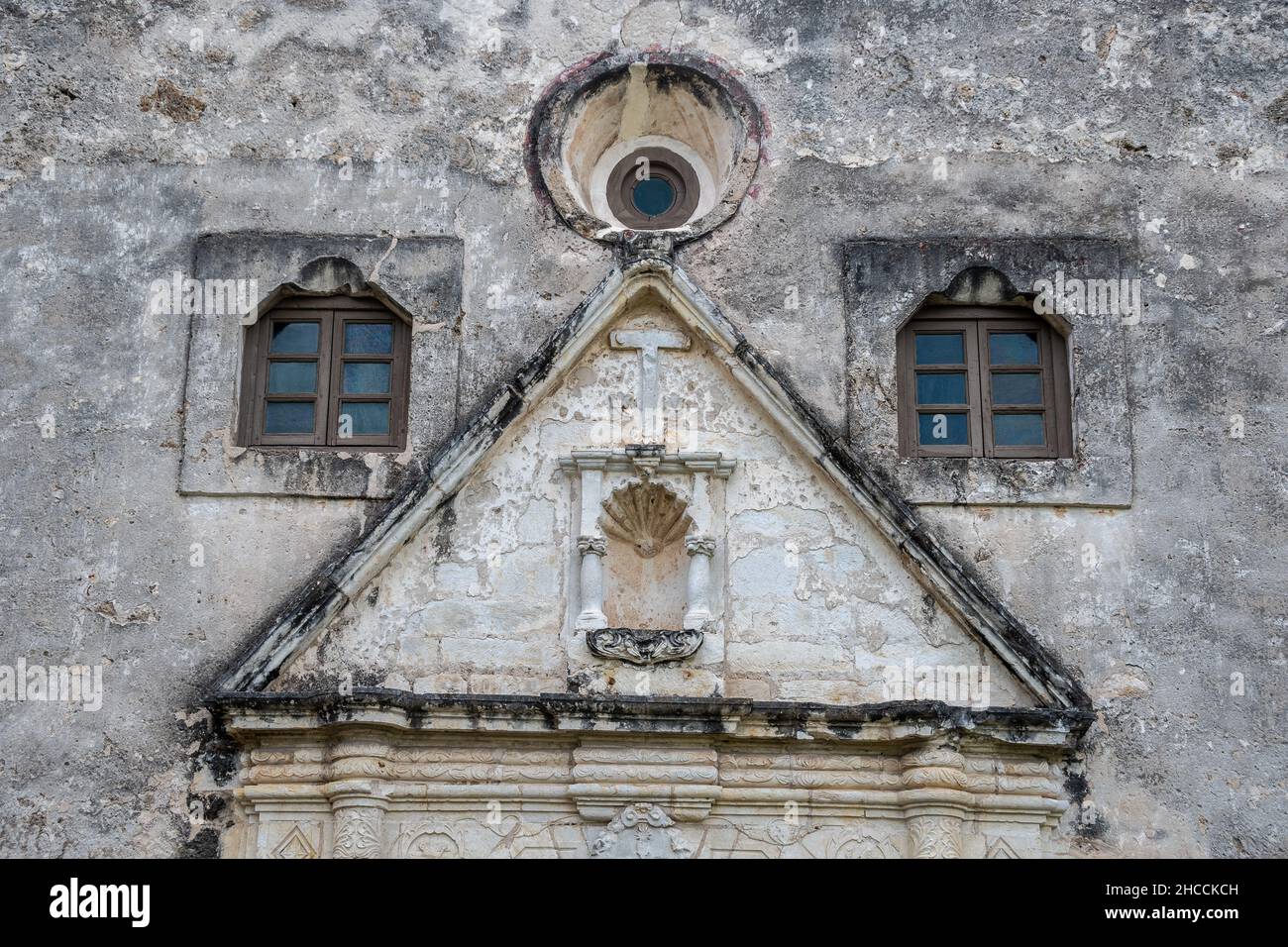 The detailed architecture above the entrance to Mission Concepcion ...