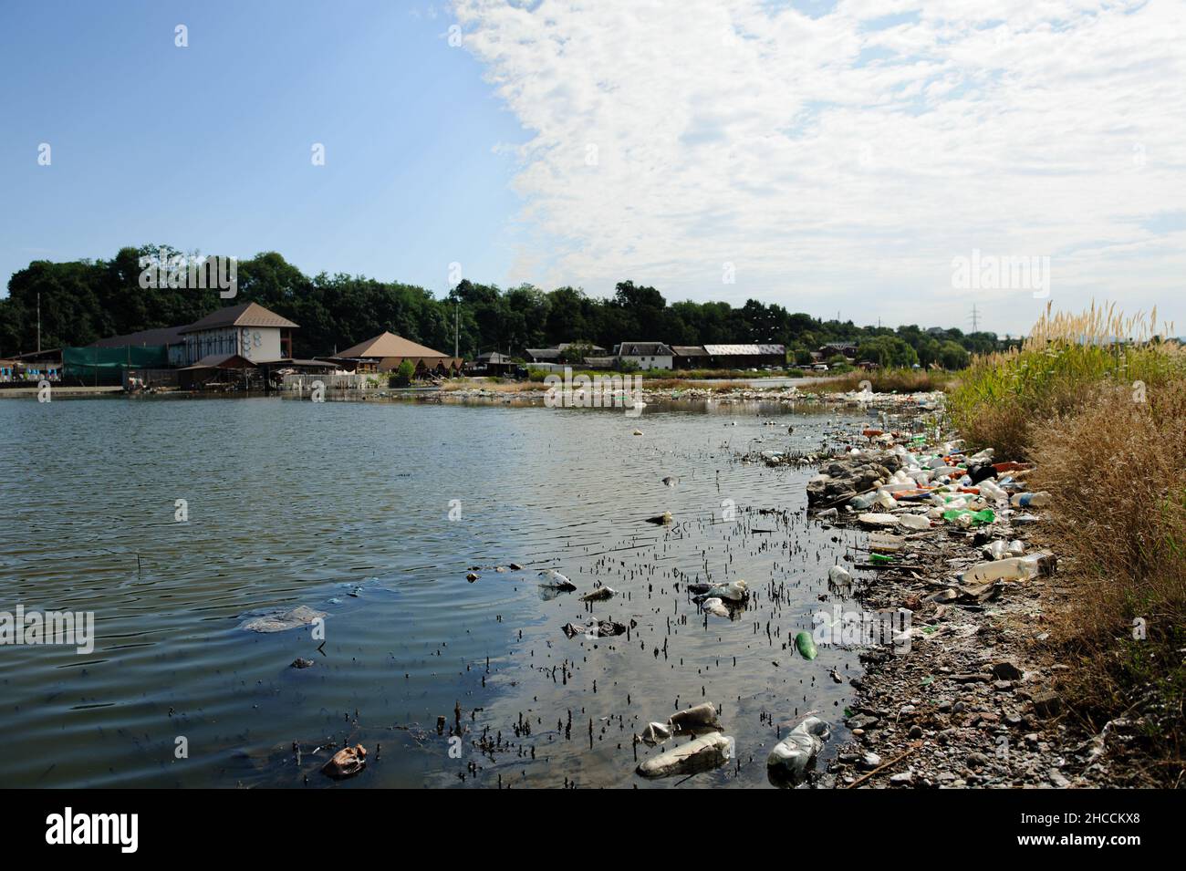 The lake and the shore are littered with the garbage Stock Photo - Alamy