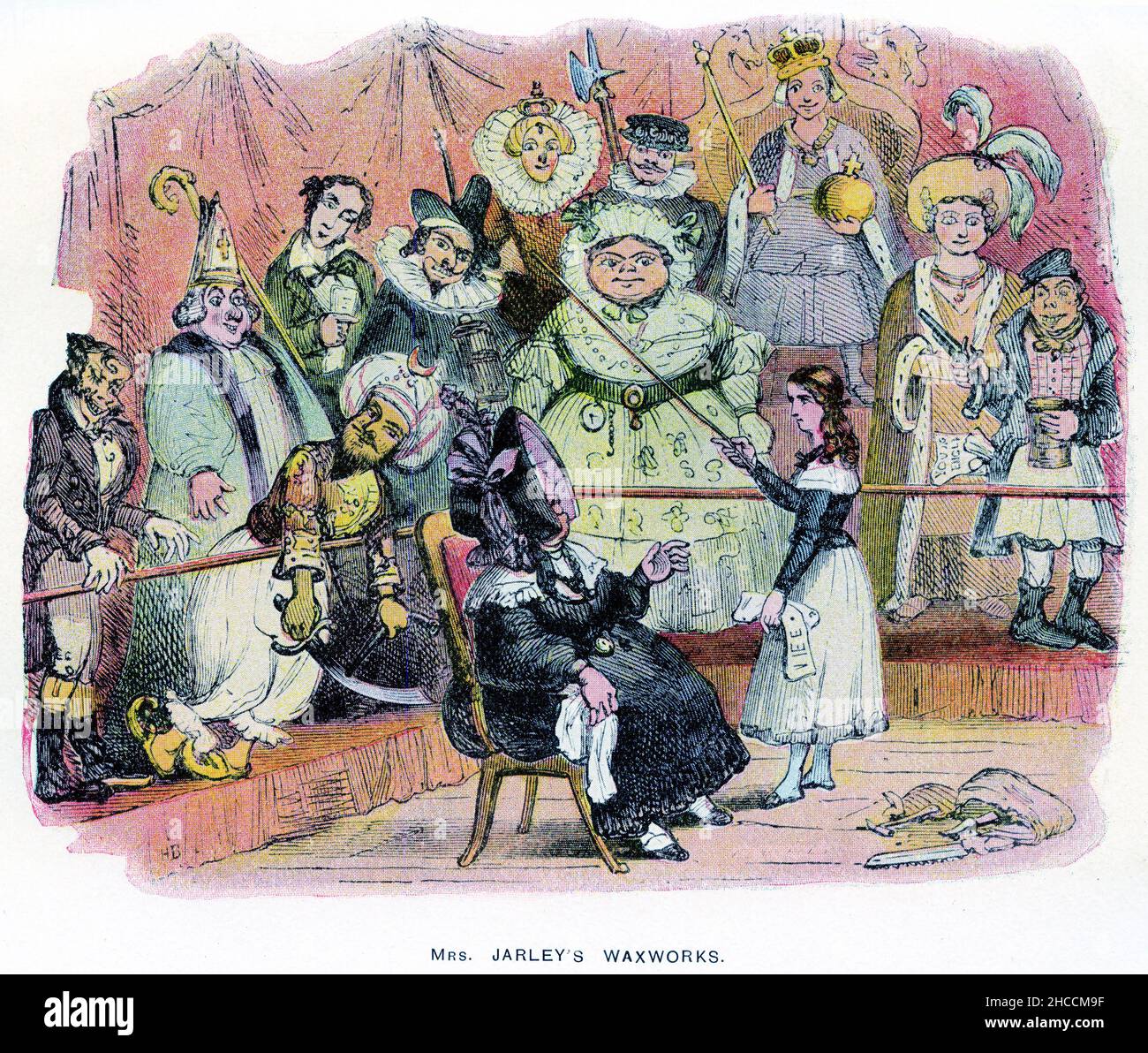Engraving of Mrs Jarley's Waxworks, a scene from a Victorian era book ...