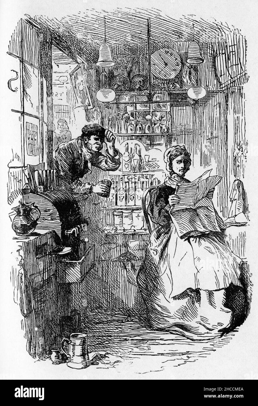 Engraving of a barmaid reading the newspaper while a customer waits for ...