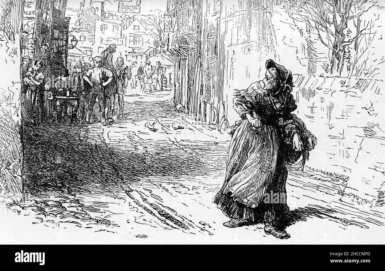 Engraving of an elderly woman walking nervously on the city streets, a ...