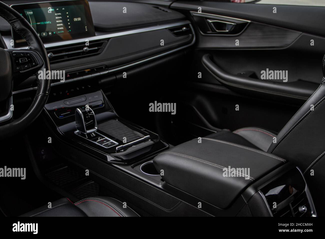 Car interior console close up view. Gear stick with multimedia console ...