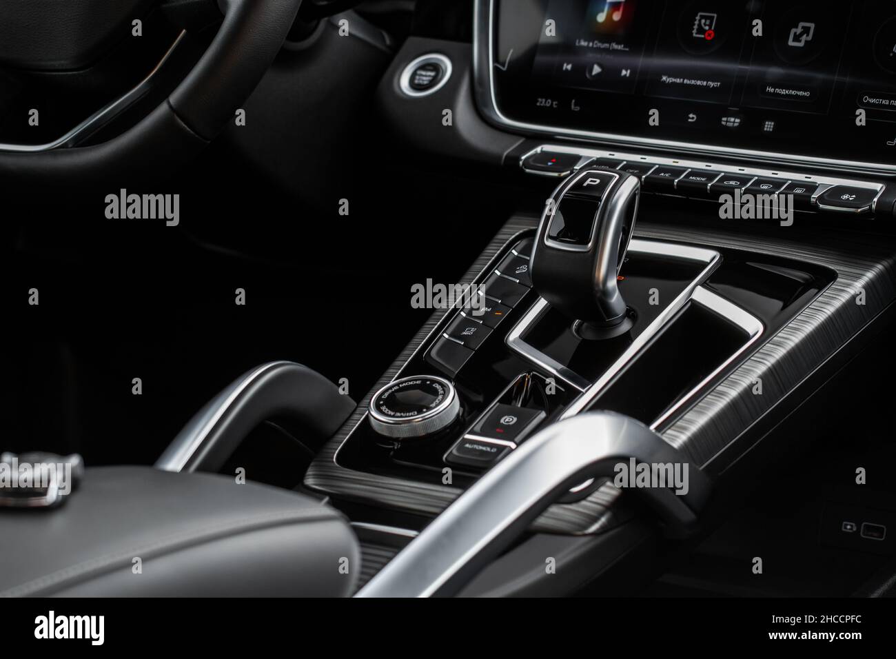 Car interior console close up view. Gear stick with multimedia console ...