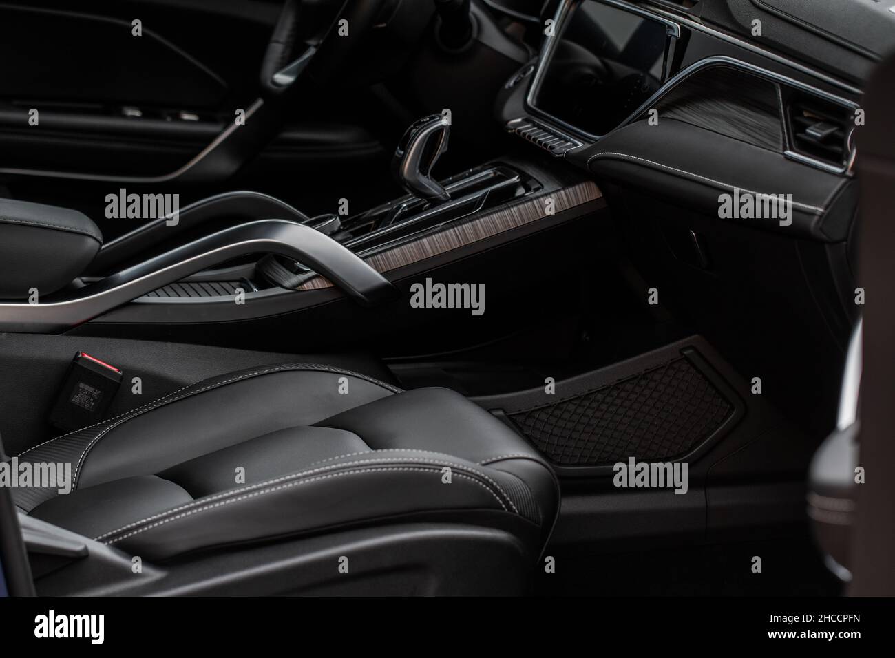 Car interior console close up view. Gear stick with multimedia console ...