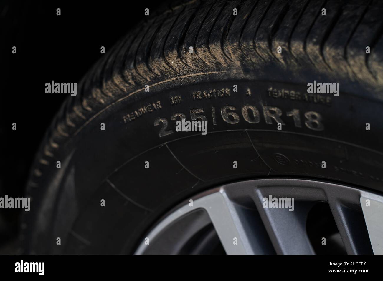 Close up view of tire with tire width, height and wheel diameter ...