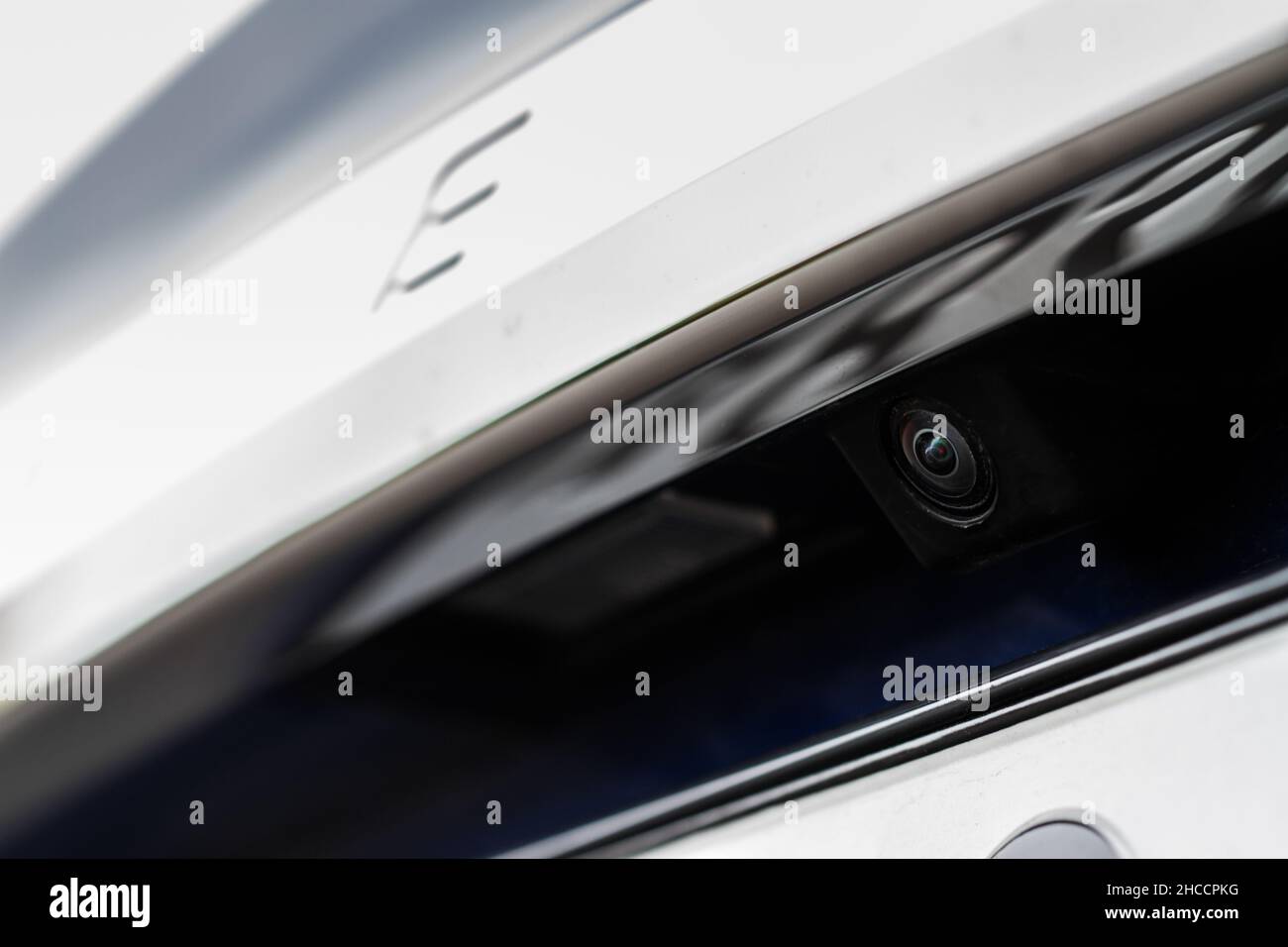 Close up view of rear view parking assist video camera on the car ...