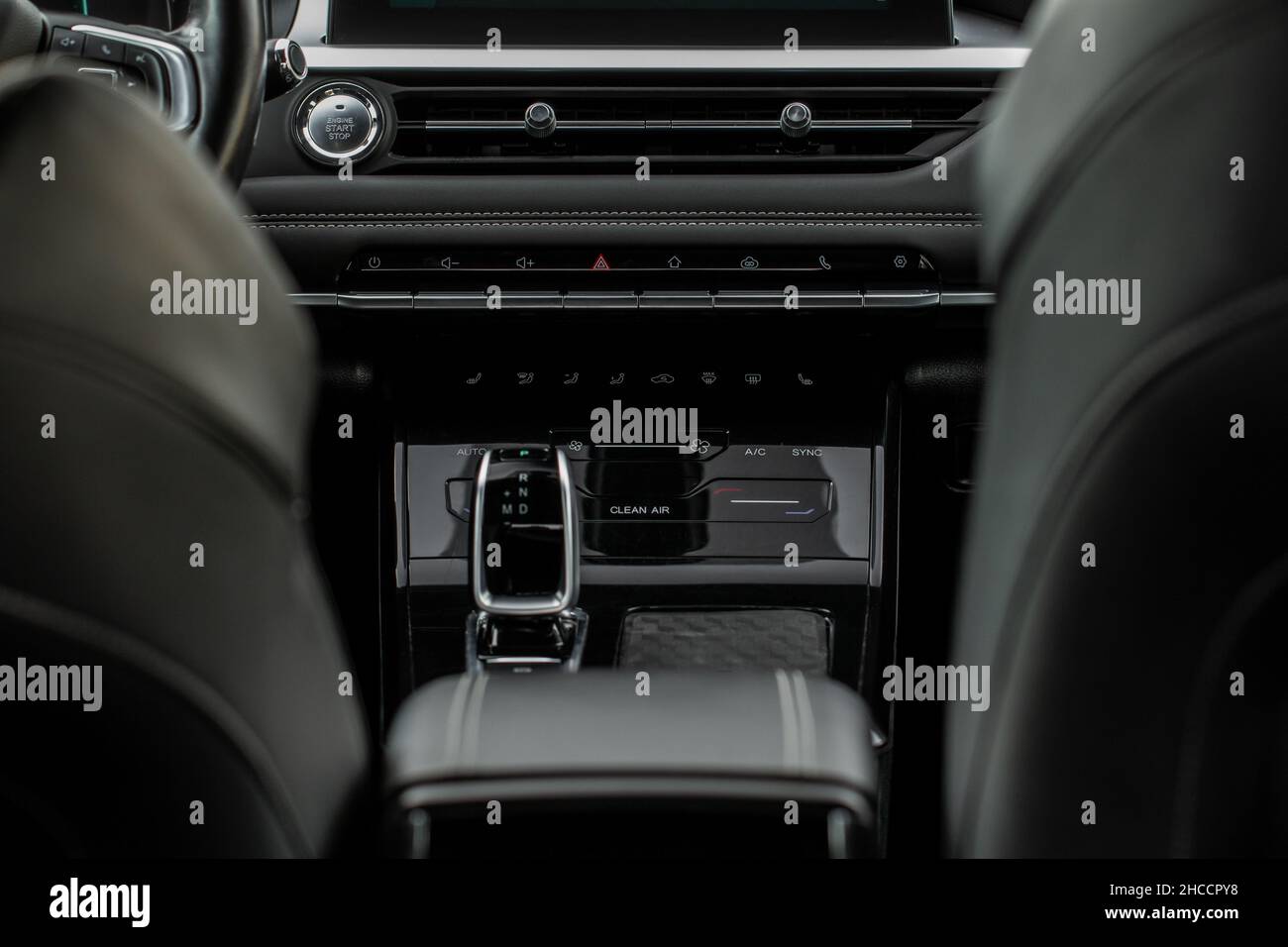 Car interior console close up view. Gear stick with multimedia console ...