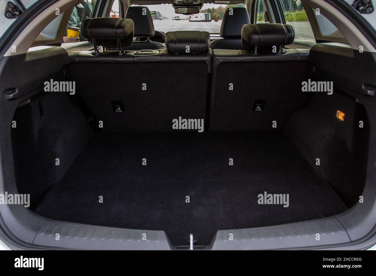 Huge, clean and empty car trunk in interior of compact suv. Rear view ...