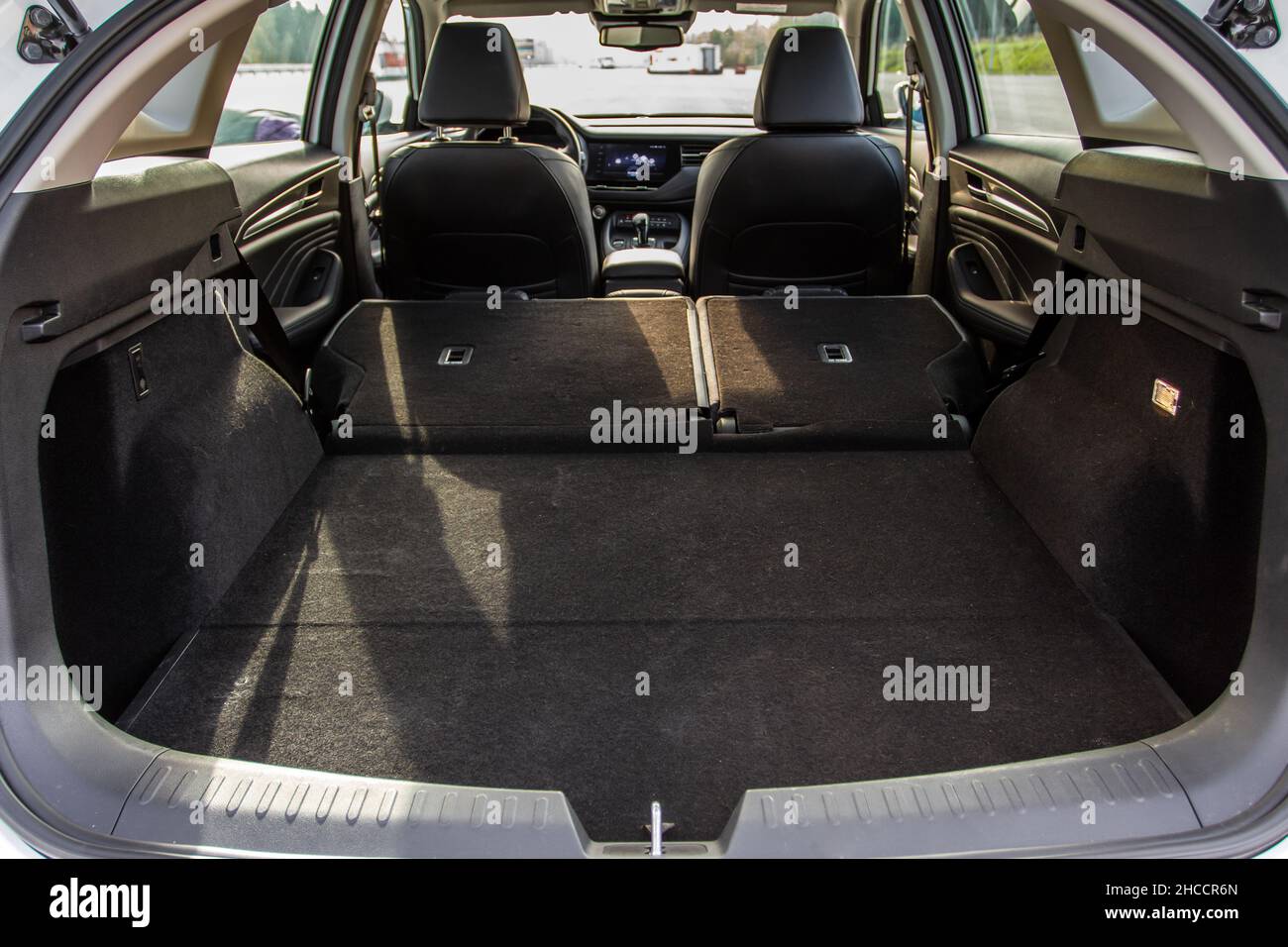 Huge, clean and empty car trunk in interior of compact suv. Rear view ...