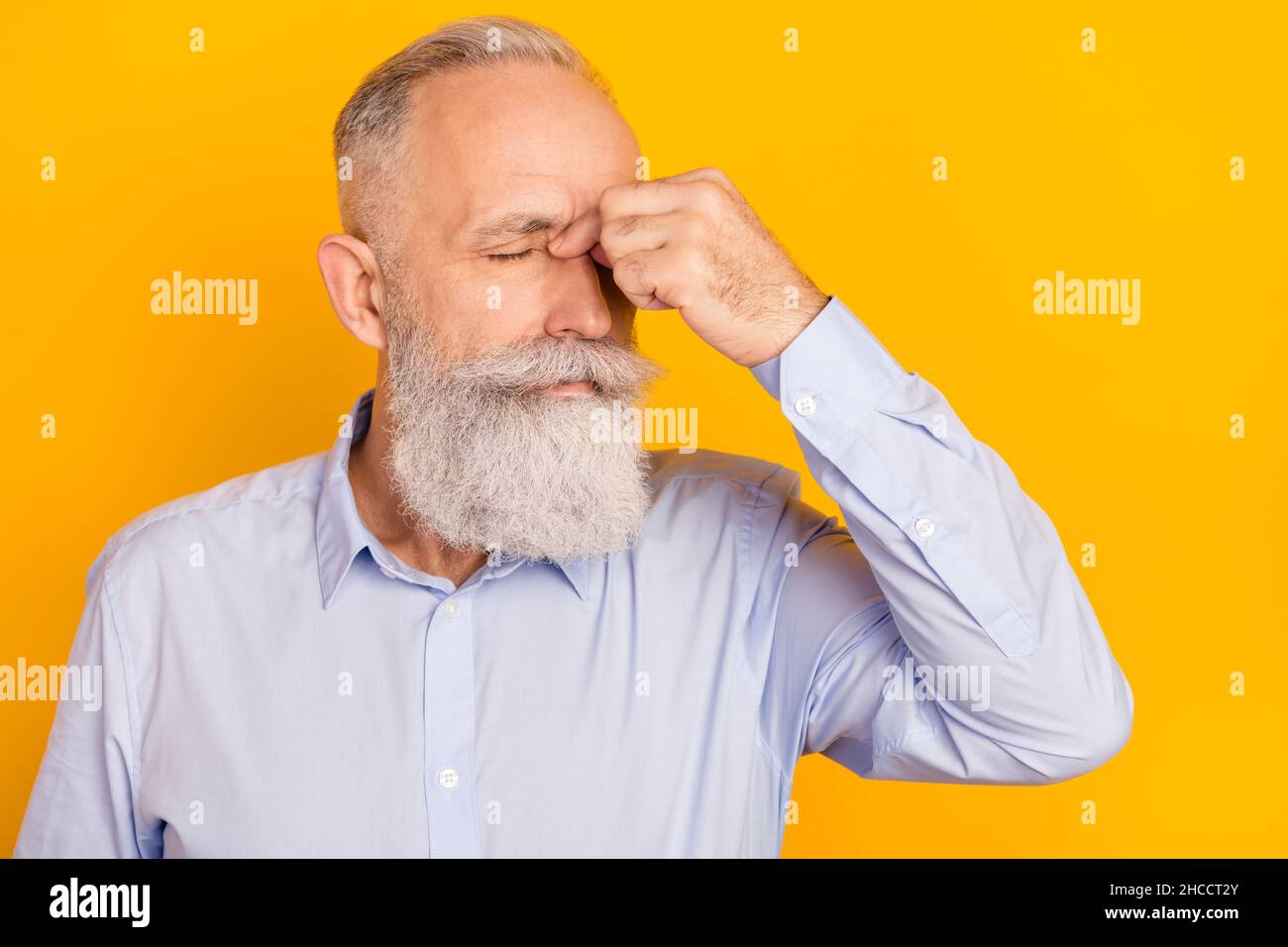 Portrait of attractive depressed sullen sick man feeling bad touching ...