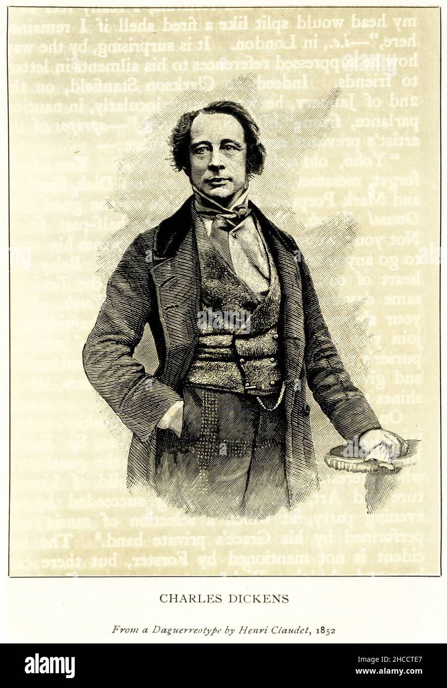 Portrait of Charles Dickens circa 1852 on a background of text from one ...