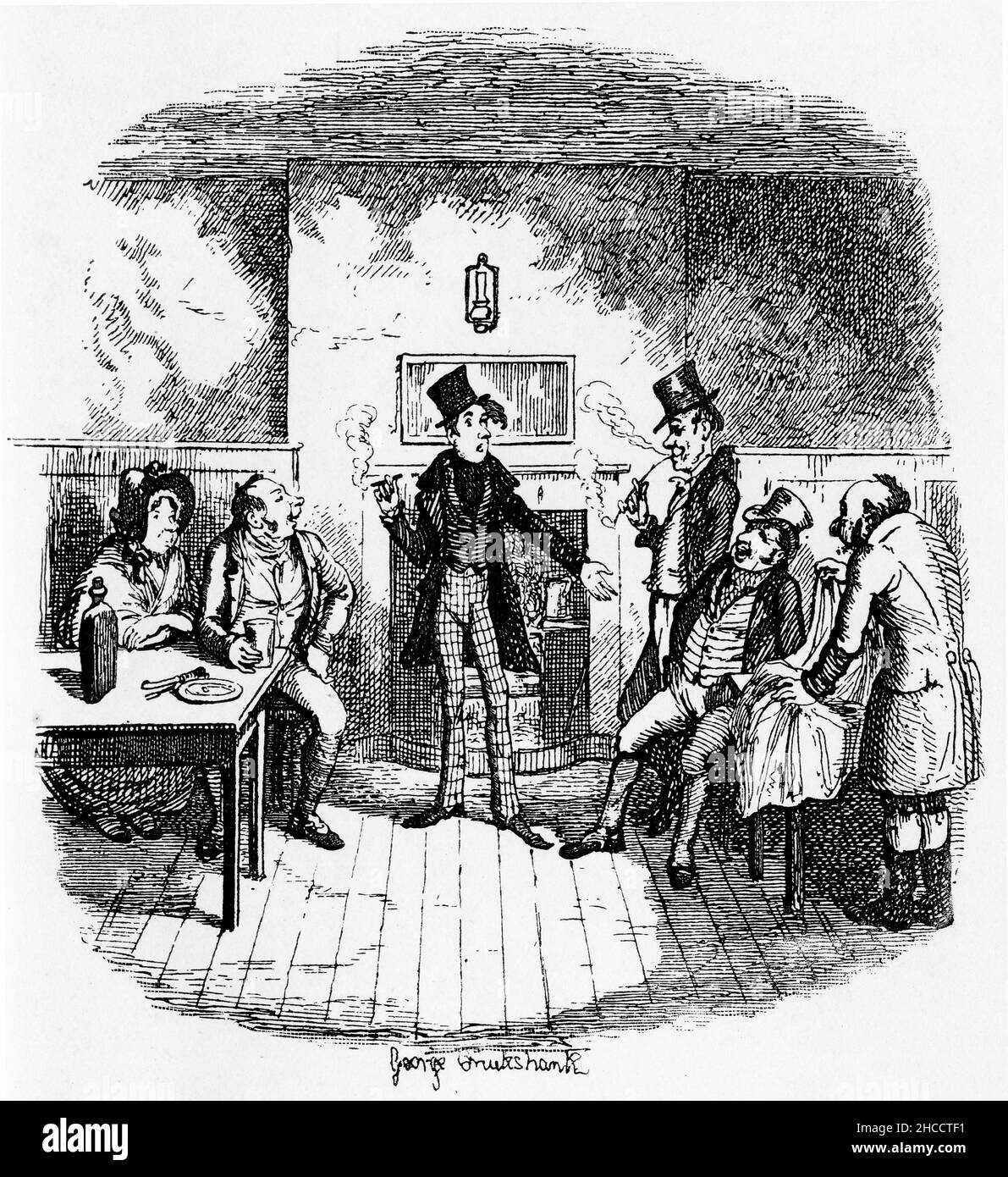 Engraving of a group of men and a woman smoking, drinking and ...