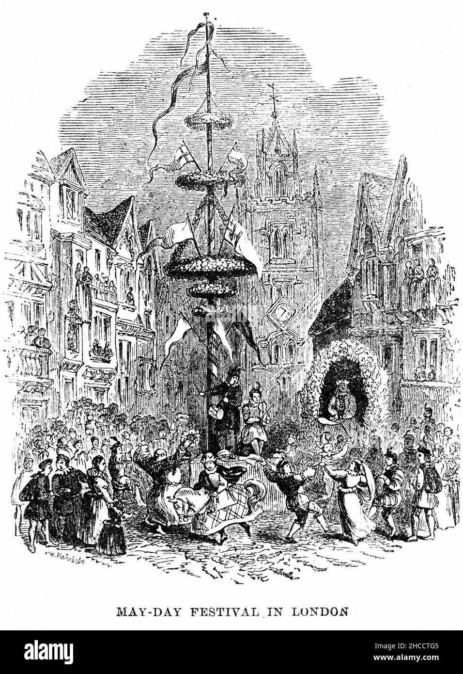 Engraving of a May Day festival in London, a scene from a Victorian era ...