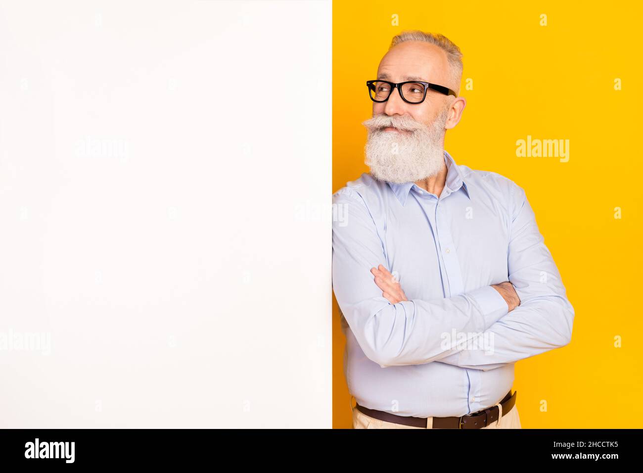 Portrait of attractive cheery smart clever man looking idea at copy ...