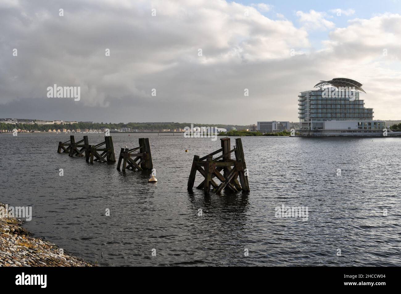 Cardiff bay skyline, Saint Davids hotel, Wales UK, freshwater lake body ...