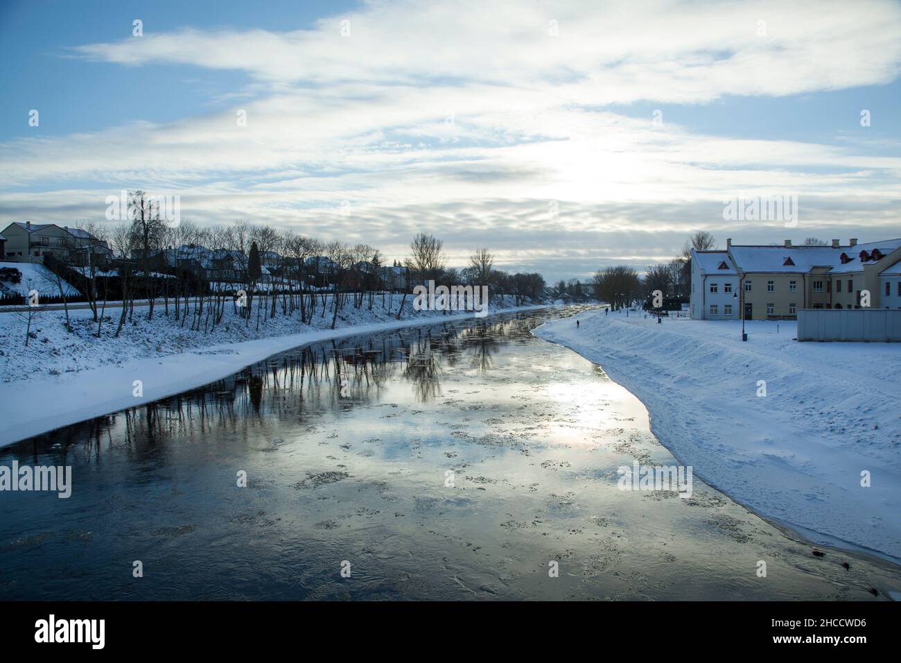 The sunset view of Nevezis River in Winter in Kedainiai historic town ...