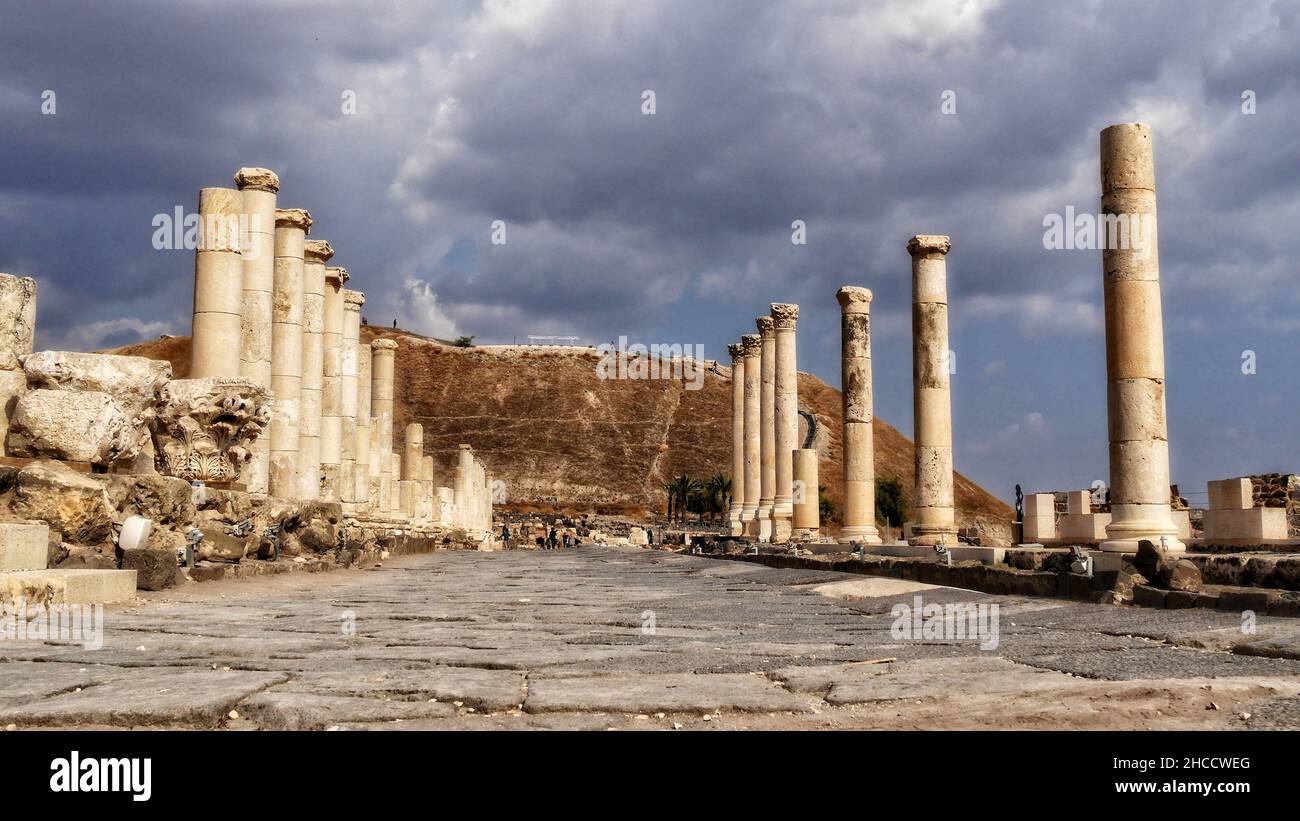Ancient columns in archaeological site Scythopolis, Beit Shean National ...