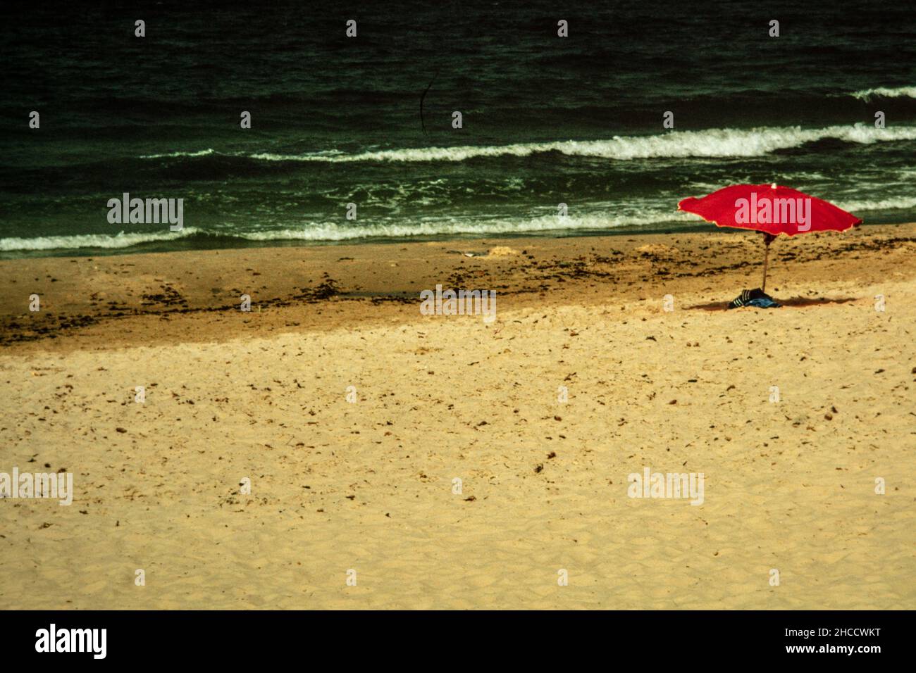 Secluded sandy beach with red umbrella Stock Photo - Alamy