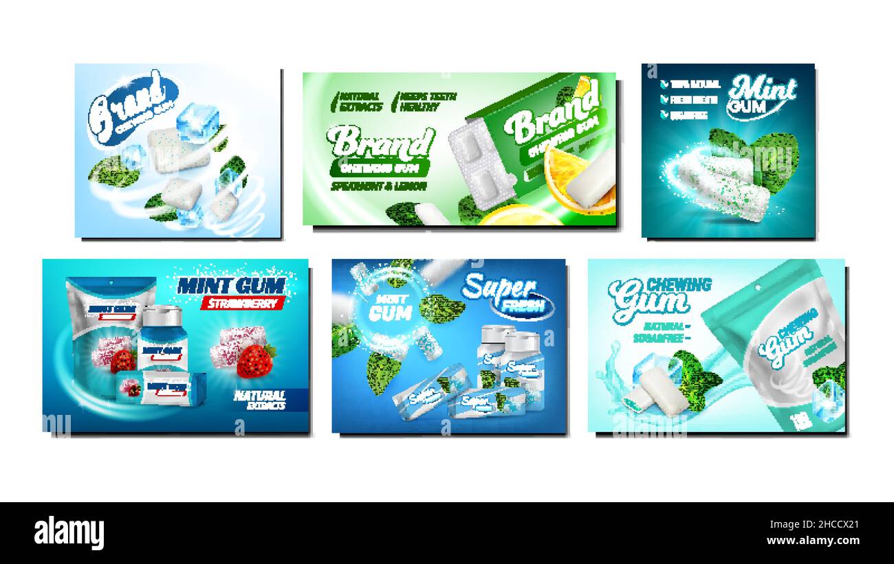 Chewing Gum Creative Promotion Posters Set Vector Stock Vector Image ...