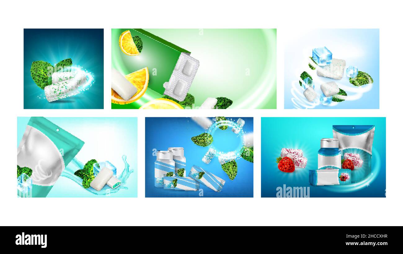 Chewing Gum Creative Promotion Posters Set Vector Stock Vector Image ...