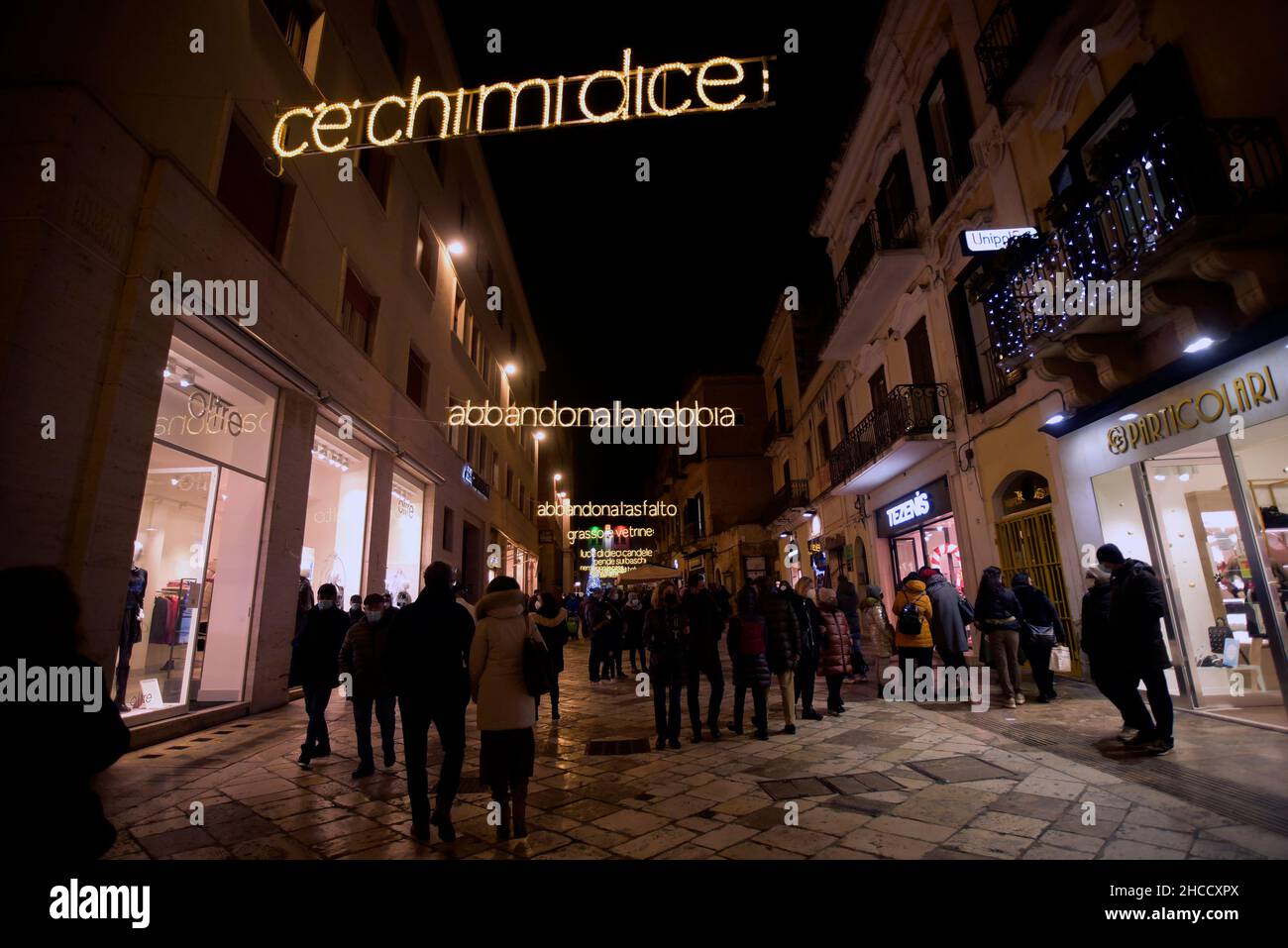 General view of via del Corso in Matera, with the Christmas lights ...