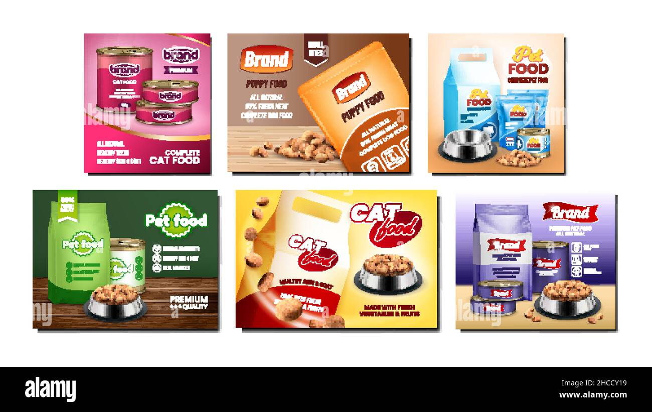 Pet Food Creative Promotional Posters Set Vector Stock Vector Image ...